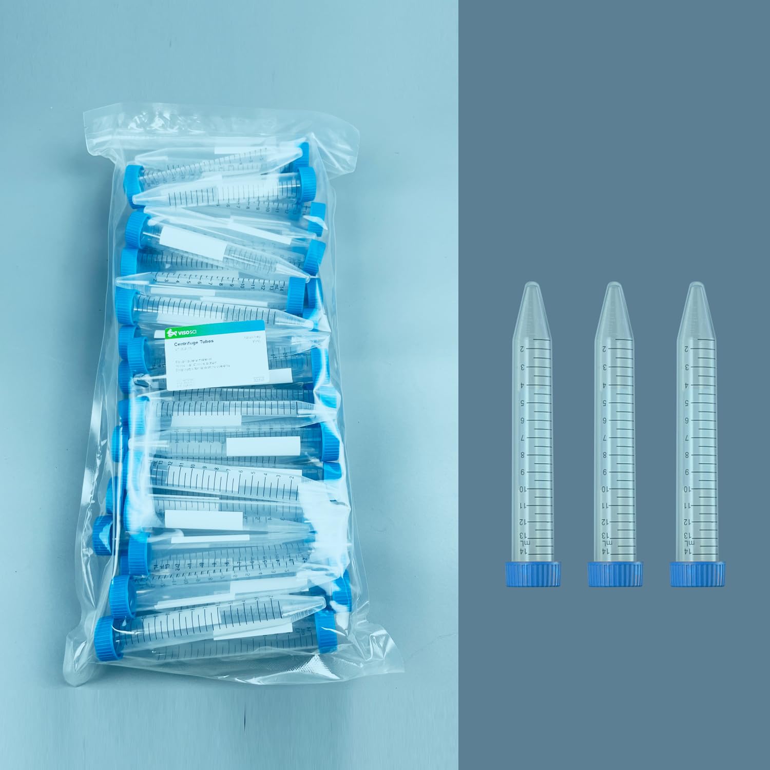 VISOSCI Autoclavable Polypropylene Centrifuge Tubes, Volume 15ml, White Printed Graduated Marks from 1.5ml to 14ml, Assembled Leak-Proof Screw Cap, Gamma Sterile, 50pcs/Bag