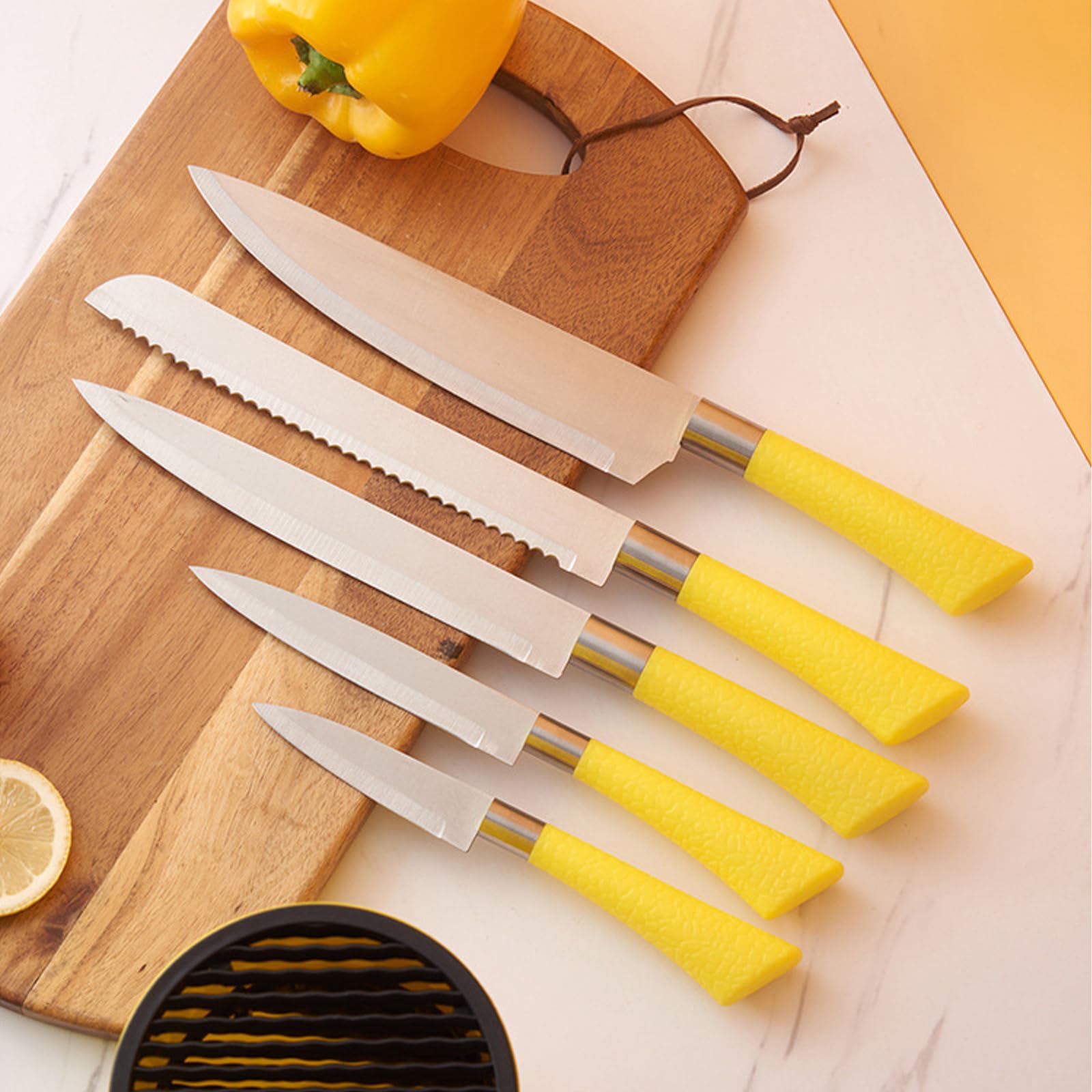 Kitchen Knife Set, 7 Pcs Yellow Cooking Knife Set with Round Block, Sharp Stainless Steel Knives Set for Kitchen with Ergonomic Handle, Professional Chef Knife Set for Home Family Restaurant (Yellow)