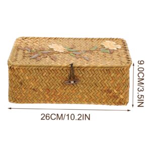 Straw Embroidery Box Rattan Storage Basket Seagrass Storage Basket Bins Wicker Storage Baskets with Lids Laundry Baskets with Lid Desktop Toy Case Container Iron With Cover