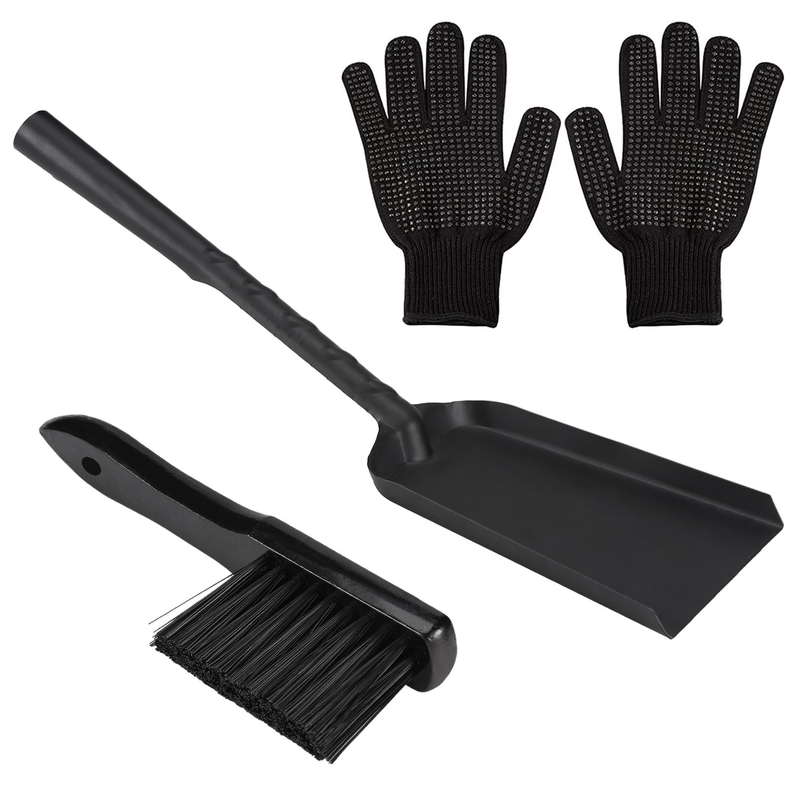 Heavy-duty Metal Fireplace Ash Shovel and Brush Set, Upgraded Coal Shovel and Hearth Brush Set, Large Fireplace Fire Pit Tools with Silicone Gloves for Wood Stove Hearth Cleaning