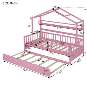 Bellemave Wooden Twin Size House Bed with Trundle,Kids Twin Playhouse Platform Bed Frame with Storage Shelves,Montessori Be for Kids Teens Girls & Boys (Pink)