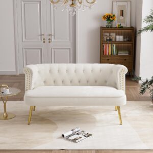 Nolohoo Loveseat Chesterfield Sofa with Gold Legs, Velvet Tufted Vintage Victorian Sofa 2 Seater Curved Mini Couch Rolled Arms, Comfy Love seat for Living Room, Bedroom, Cream White