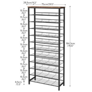 HOOBRO 12-Tier Shoe Rack, Large Capacity Shoe Storage Organizer for 35-45 Pairs of Shoes, Standing Shoe Shelf with Slanted Shelves, for Entryway, Closet, Hallway, Rustic Brown and Black BF51XJ01