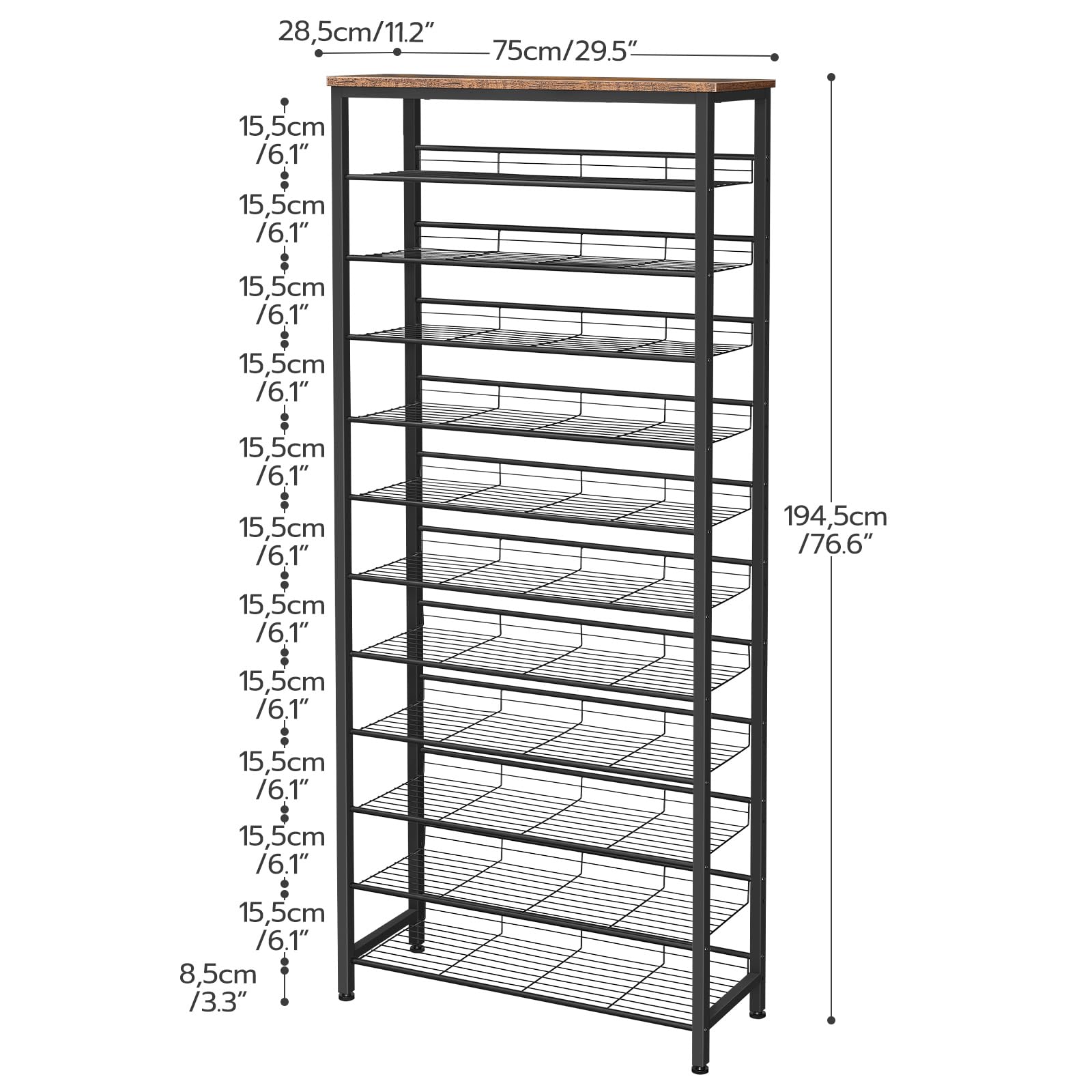 HOOBRO 12-Tier Shoe Rack, Large Capacity Shoe Storage Organizer for 35-45 Pairs of Shoes, Standing Shoe Shelf with Slanted Shelves, for Entryway, Closet, Hallway, Rustic Brown and Black BF51XJ01