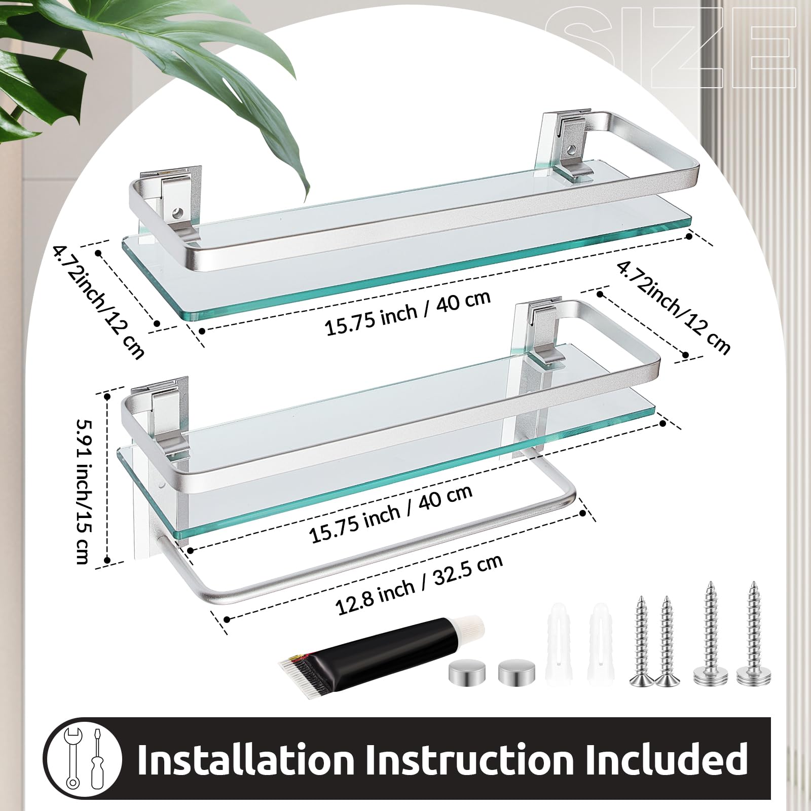 Suzile 2-Pcs Contemporary Bathroom Shelf, 15.7 x 4.72 inches, Floating Shelves with Towel Bar, Tempered Glass, Wall Mount, Set of 2