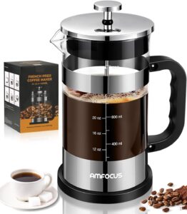 french press coffee tea maker - 34oz classic coffee press heat-resistant borosilicate glass coffee pot with 4-level disassemble filters, portable cold brew coffee maker for travel home gift (silver)