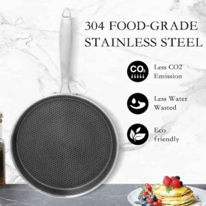 AUDANNE Honeycomb Crepe Pan with Spreader, 11 inch Stainless Steel Flat Skillet, Great for Pancakes Eggs Grill & Griddle Pan - Compatible with All Stovetops (Gas, Electric & Induction), PFOA Free, 11"