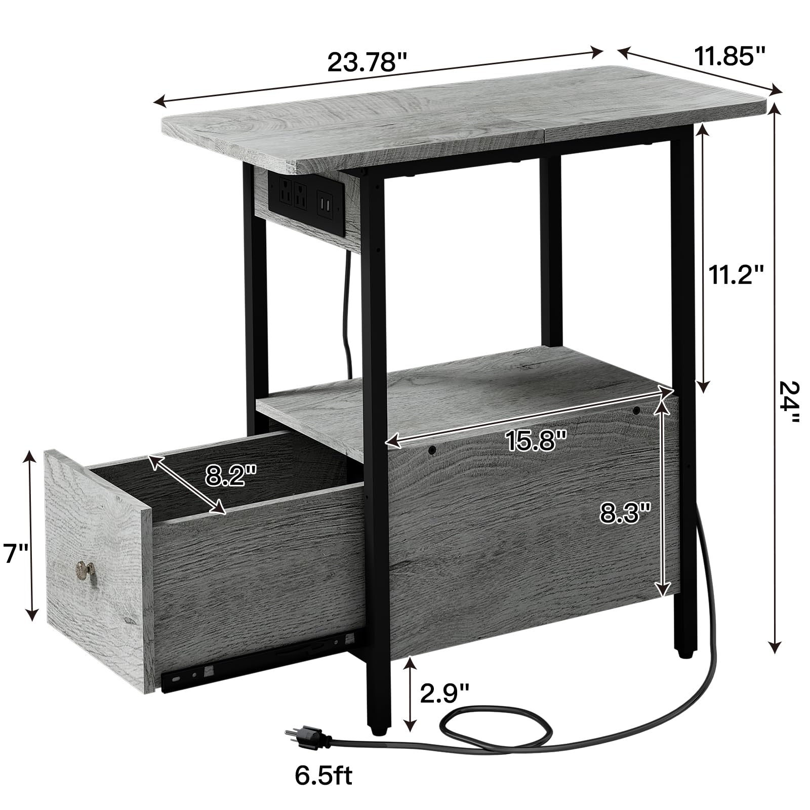 LIDYUK End Table with Charging Station, Narrow Side Table with Drawer and USB Ports & Power Outlets, Nightstand Bedside Tables for Small Spaces, Bedroom, Living Room, Light Grey