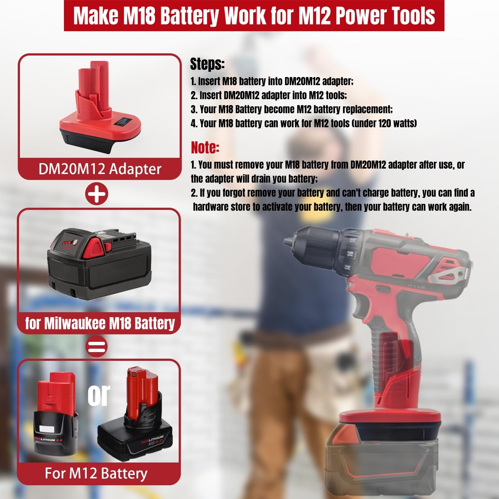 for M18 to for M12 Battery Adapter, Convert for Milwaukee for M18 18V Battery to for M12 12V Battery Replacement, Power for Milwaukee for M12 Tools