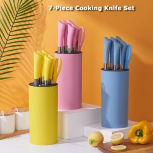 Kitchen Knife Set, 7 Pcs Yellow Cooking Knife Set with Round Block, Sharp Stainless Steel Knives Set for Kitchen with Ergonomic Handle, Professional Chef Knife Set for Home Family Restaurant (Yellow)