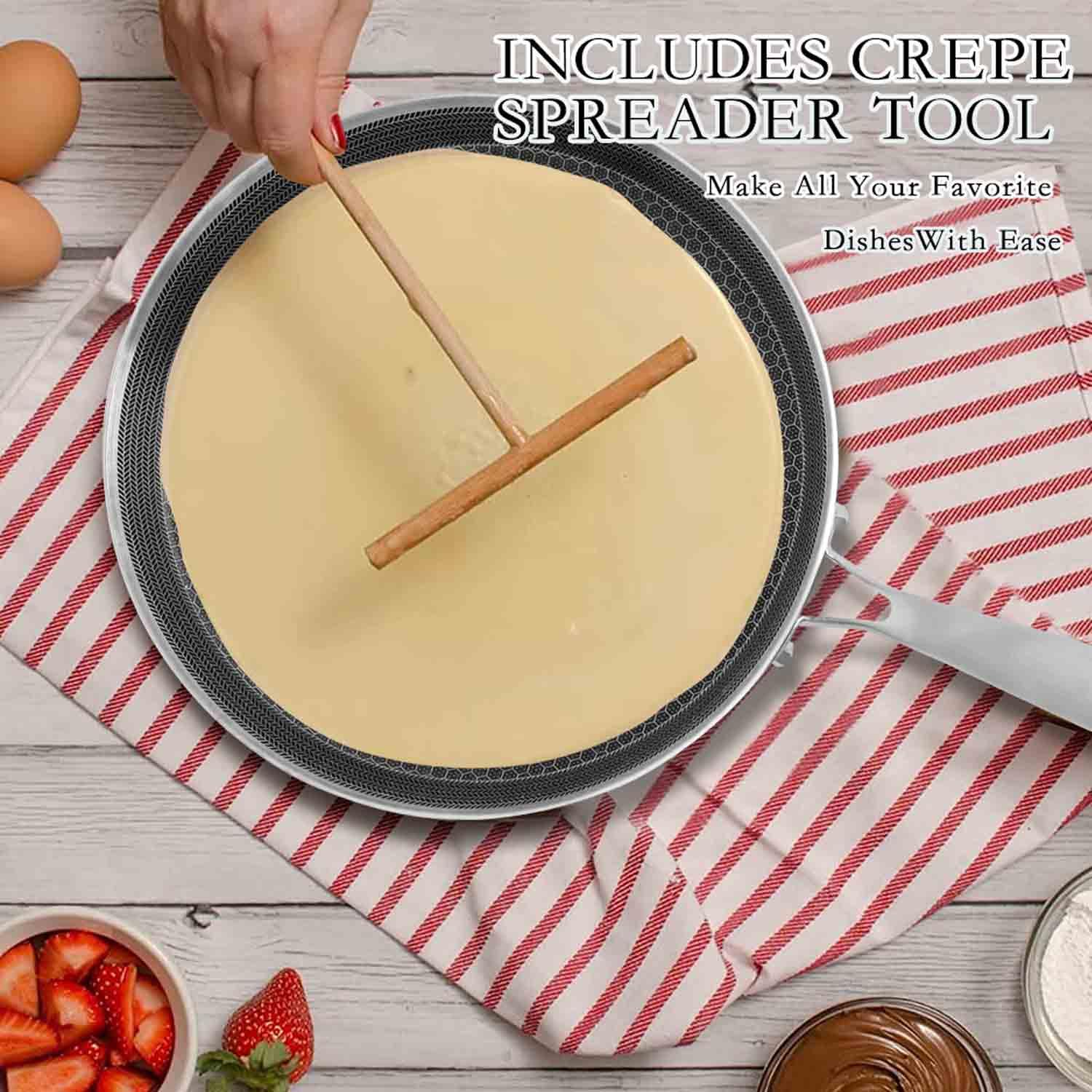 AUDANNE Honeycomb Crepe Pan with Spreader, 11 inch Stainless Steel Flat Skillet, Great for Pancakes Eggs Grill & Griddle Pan - Compatible with All Stovetops (Gas, Electric & Induction), PFOA Free, 11"