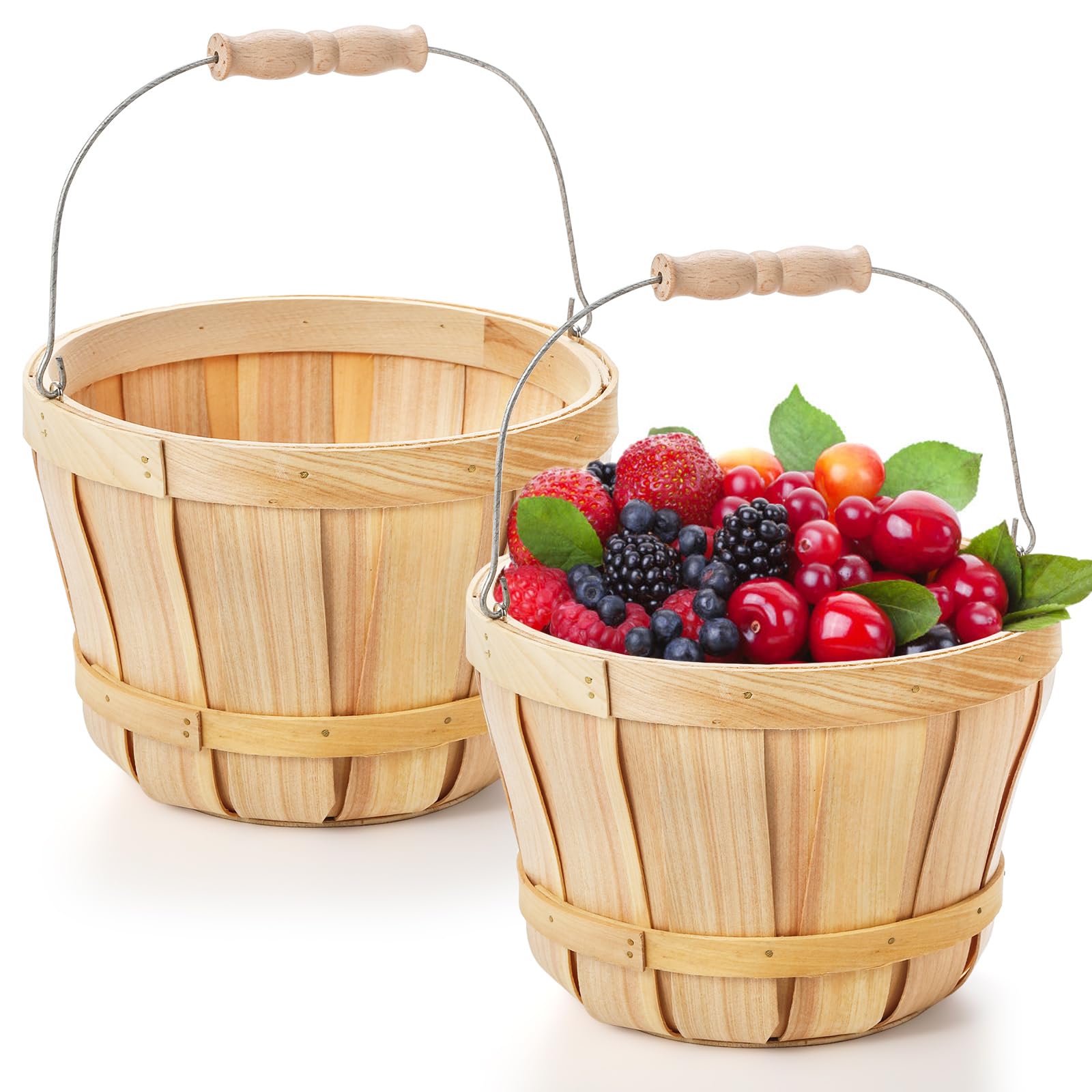 Okllen 2 Pack Round Wooden Baskets with Handle, Empty Wood Fruit Buckets, Fall Harvest Basket for Display Fruits Vegetables, Home Garden and Party Supplies, Natural Color