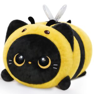 mewaii cute black cat bee plush pillow, kawaii plushies bee stuffed toy, kitten plushies with honeybee outfit costume, soft squishy christmas bee gift for girls & kids (8 inch)