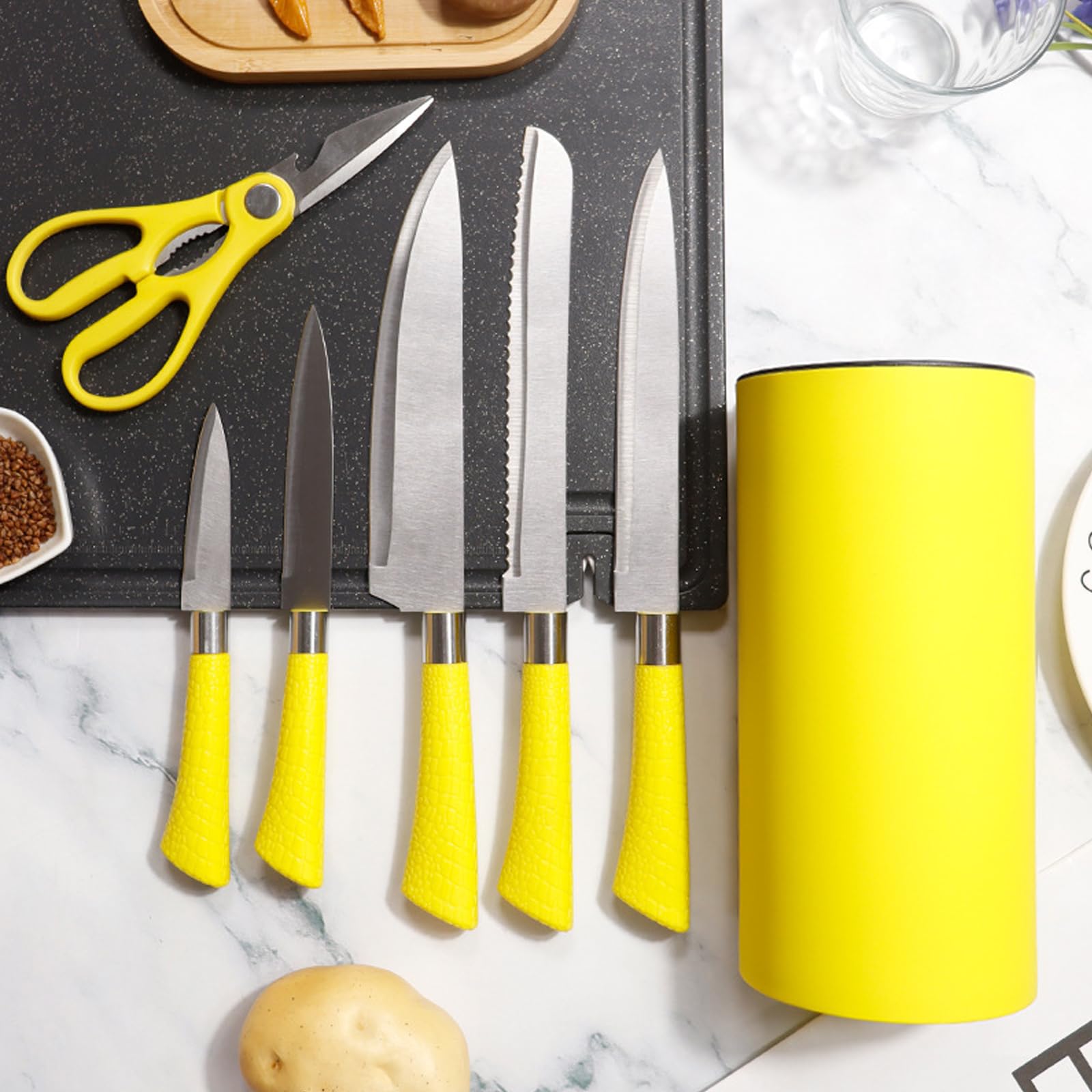 Kitchen Knife Set, 7 Pcs Yellow Cooking Knife Set with Round Block, Sharp Stainless Steel Knives Set for Kitchen with Ergonomic Handle, Professional Chef Knife Set for Home Family Restaurant (Yellow)