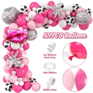 KELENO 110 Disco Cowgirl Party Decorations Birthday Supplies Pink Balloons Garland Arch Kit Horse Disco Ball Kiss Foil Balloons Sequin Backdrop Tablecloth Girl Western Bachelorette Bridal Party Decor