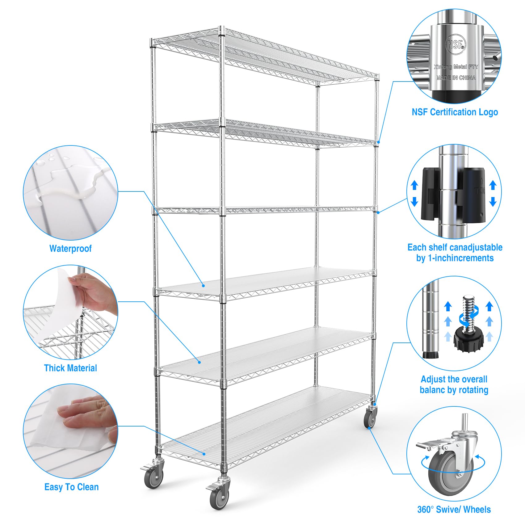 NSF Heavy Duty 6-Tier Metal Wire Shelving Unit - 6000lbs Capacity, Adjustable, with 5in Wheels/Leveling Feet and Shelf Liners - Ideal for Garage, Kitchen, and More - Chrome, 18"D x 60"L x 87.5"H