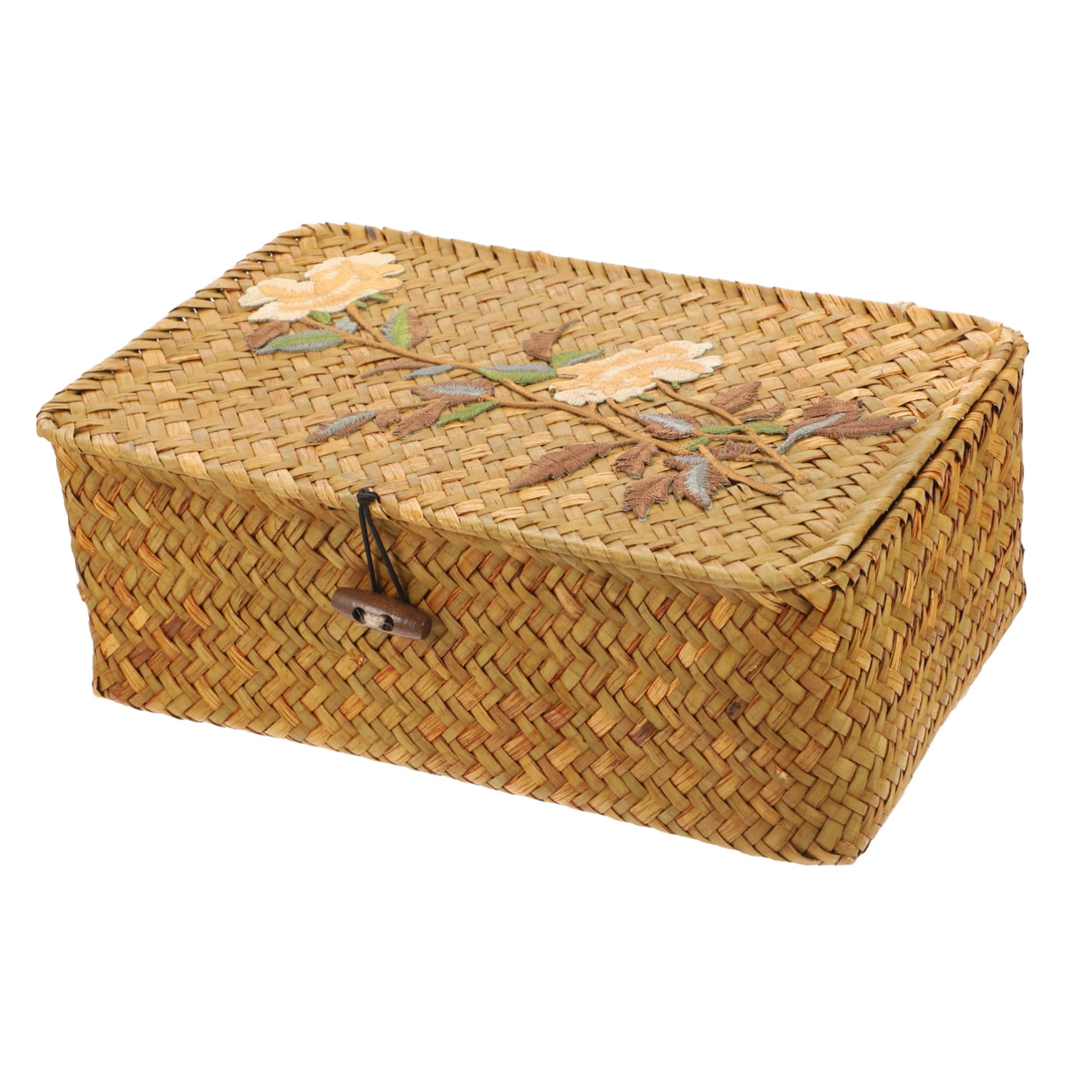 Straw Embroidery Box Rattan Storage Basket Seagrass Storage Basket Bins Wicker Storage Baskets with Lids Laundry Baskets with Lid Desktop Toy Case Container Iron With Cover