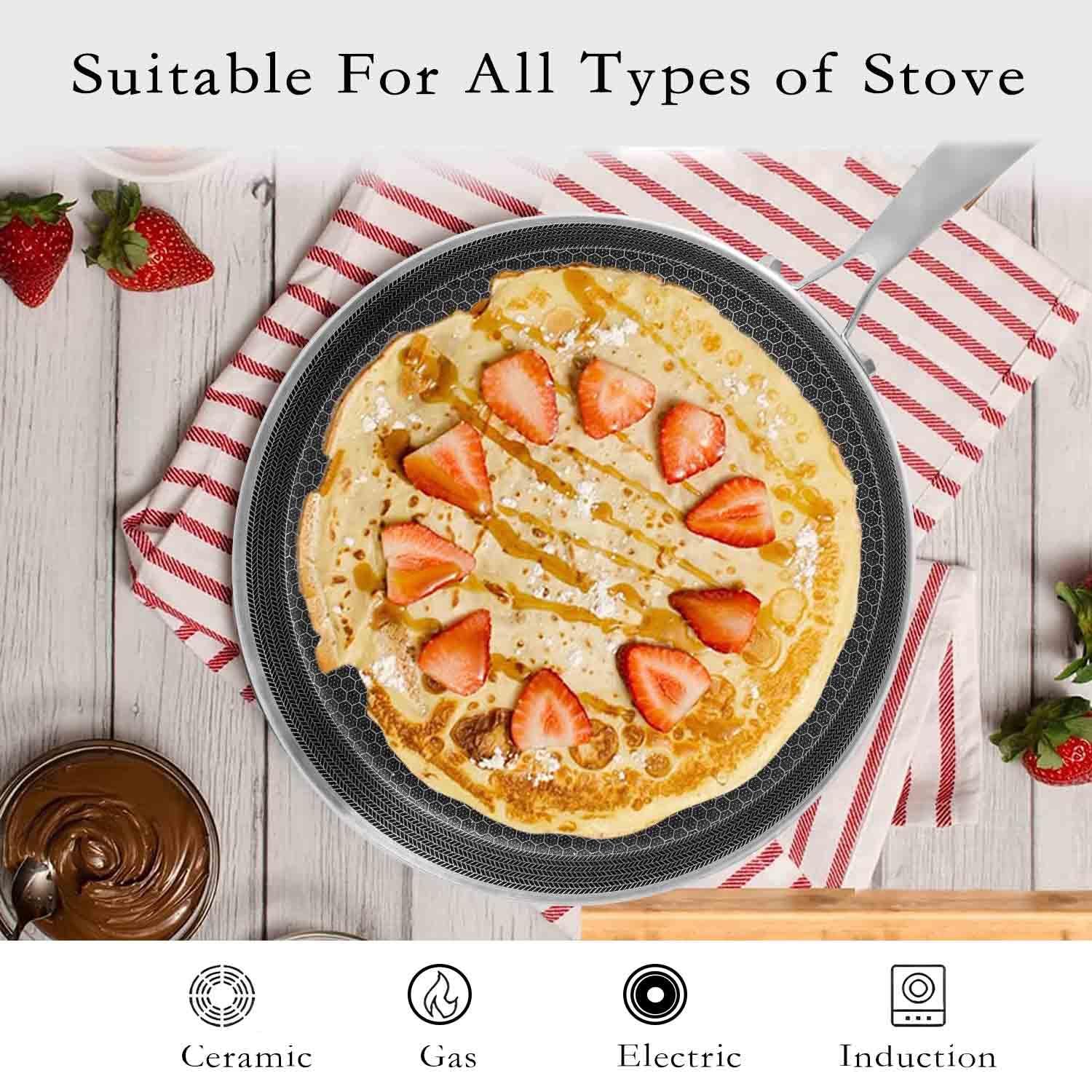 AUDANNE Honeycomb Crepe Pan with Spreader, 11 inch Stainless Steel Flat Skillet, Great for Pancakes Eggs Grill & Griddle Pan - Compatible with All Stovetops (Gas, Electric & Induction), PFOA Free, 11"