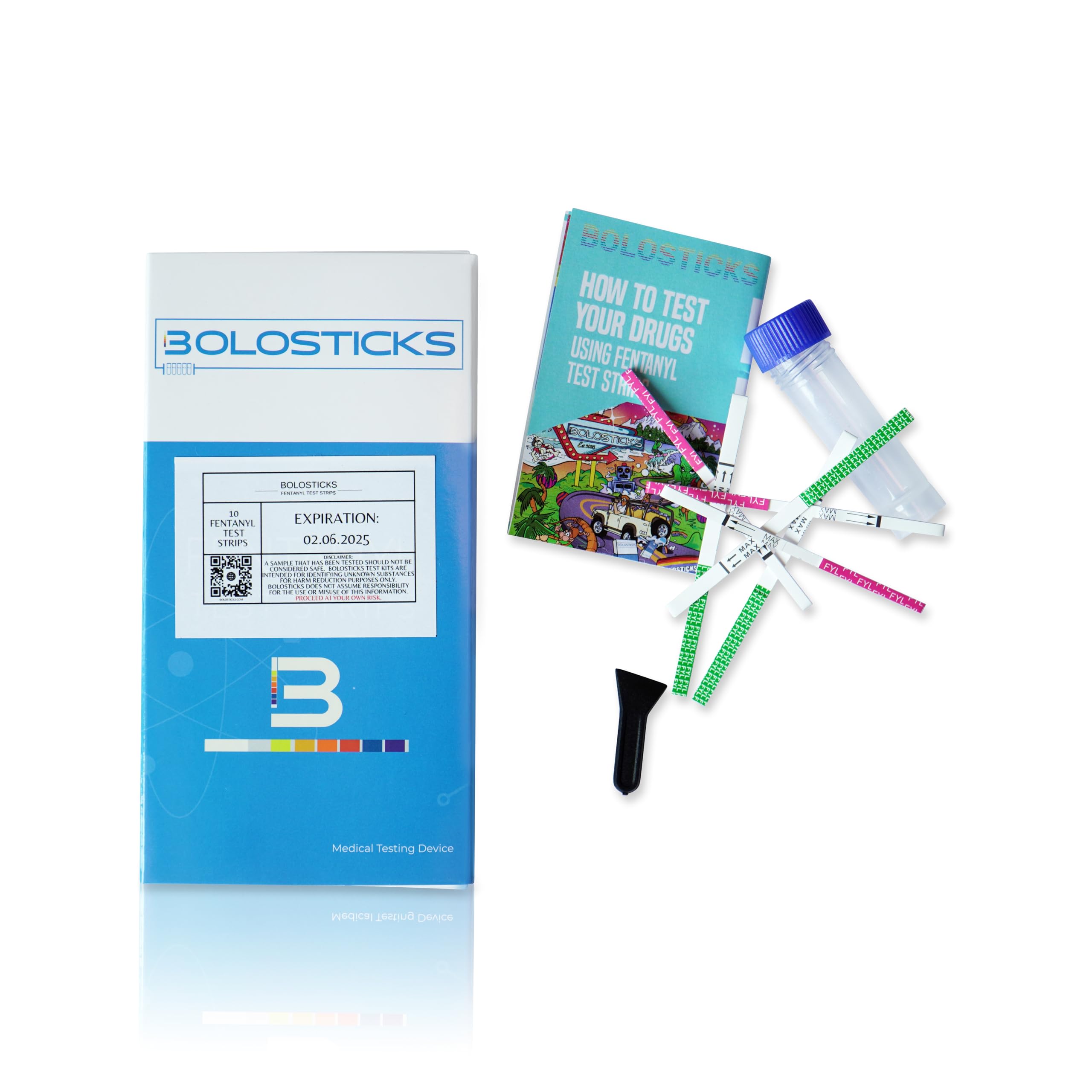 Bolosticks Fentanyl Test Strip Kit - Art Filled, Compact & Festival Ready - Rapid Test Strips, Testing Surface, Test Tube, Sample Scraper, and Info Booklet (Pack of 10)