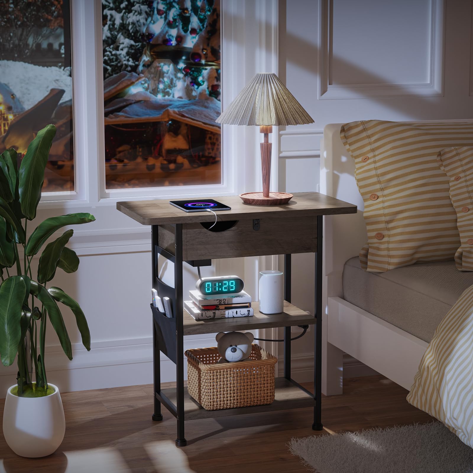 TARKARI End Table with Charging Station Narrow Side Table with Storage nightstand for Small Spaces end Tables Living Room Bedroom with USB Ports and outlets Bedside Tables