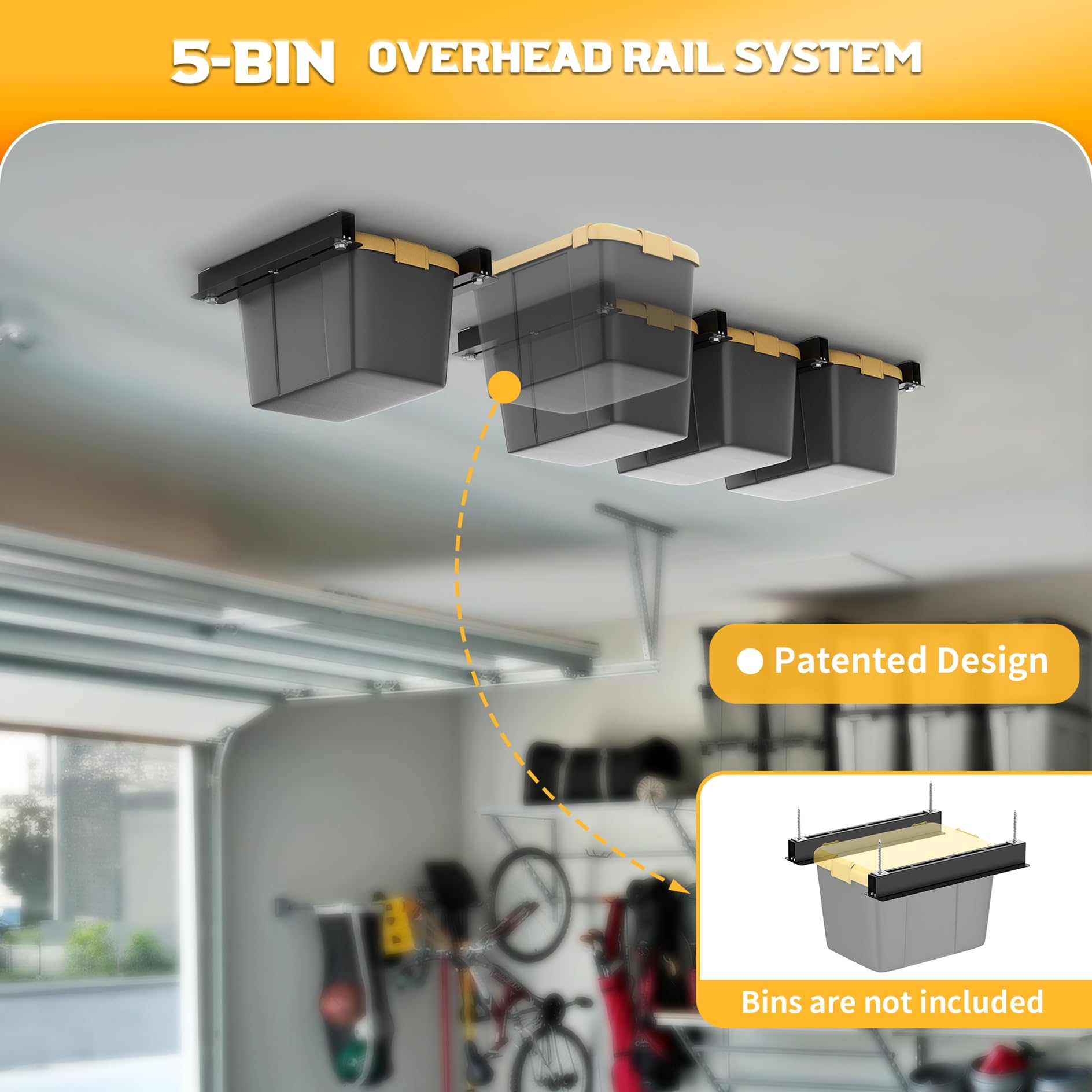 WALMANN Overhead Tote Storage Rail System, Heavy Duty Garage 16" Joists Ceiling Bin Storage Rack Adjustable Tote Slide Garage Storage System(for 5 Bins, Bins Are Not Included)