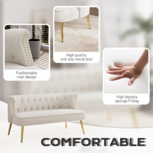 Nolohoo Loveseat Chesterfield Sofa with Gold Legs, Velvet Tufted Vintage Victorian Sofa 2 Seater Curved Mini Couch Rolled Arms, Comfy Love seat for Living Room, Bedroom, Cream White