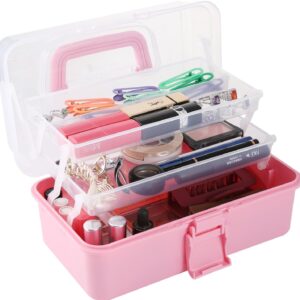 Flower River 11(in) Versatile Three-Layer Folding Organizer Box,Ideal for Art & Crafts,Toys,Sewing Supplies,Jewelry and Tools,Storage with Dual Trays,Elegant Pink