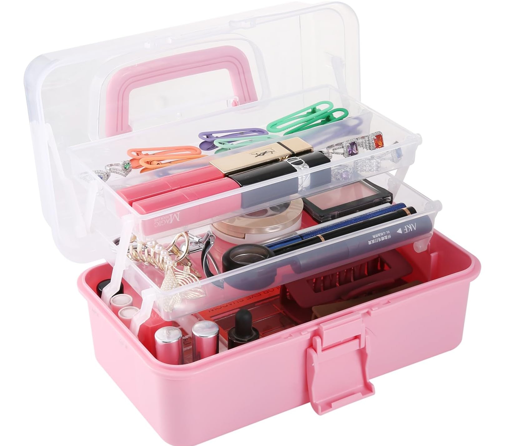 Flower River 11(in) Versatile Three-Layer Folding Organizer Box,Ideal for Art & Crafts,Toys,Sewing Supplies,Jewelry and Tools,Storage with Dual Trays,Elegant Pink