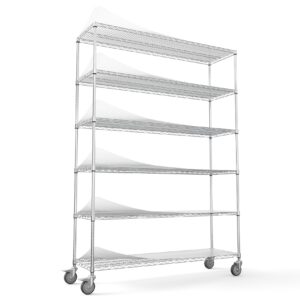 nsf heavy duty 6-tier metal wire shelving unit - 6000lbs capacity, adjustable, with 5in wheels/leveling feet and shelf liners - ideal for garage, kitchen, and more - chrome, 18"d x 60"l x 87.5"h