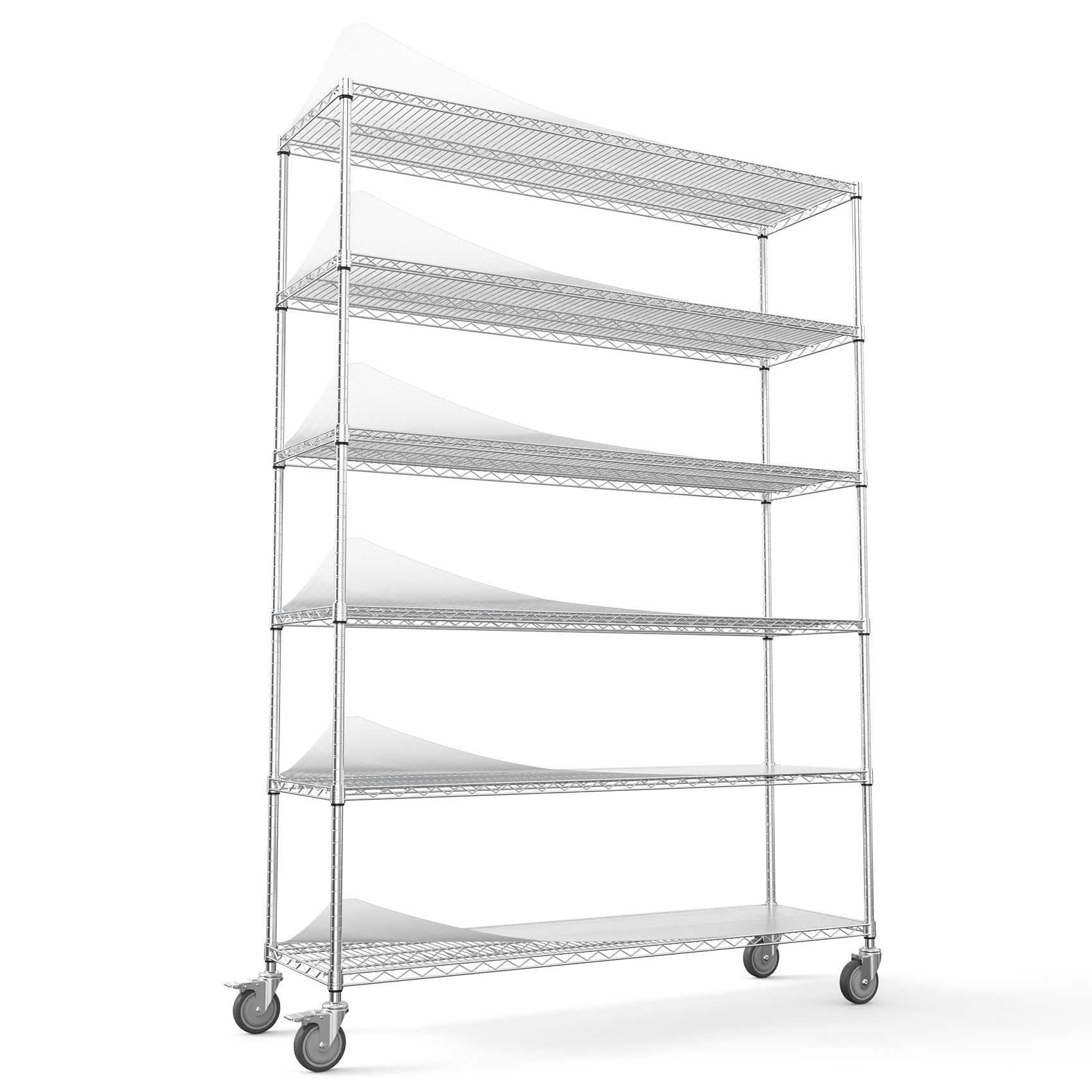 NSF Heavy Duty 6-Tier Metal Wire Shelving Unit - 6000lbs Capacity, Adjustable, with 5in Wheels/Leveling Feet and Shelf Liners - Ideal for Garage, Kitchen, and More - Chrome, 18"D x 60"L x 87.5"H