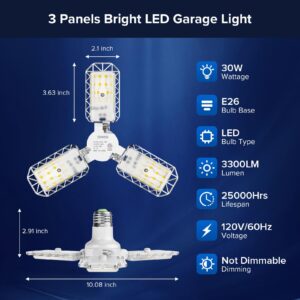 SANSI 300W Equiv. LED Garage Ceiling Light Deformable, 30W 3300LM 5000K Daylight Bright LED Shop Lights with 3 Adjustable Panels, ETL Certified, Screw in E26 Socket for Workshop Storage Room Basement