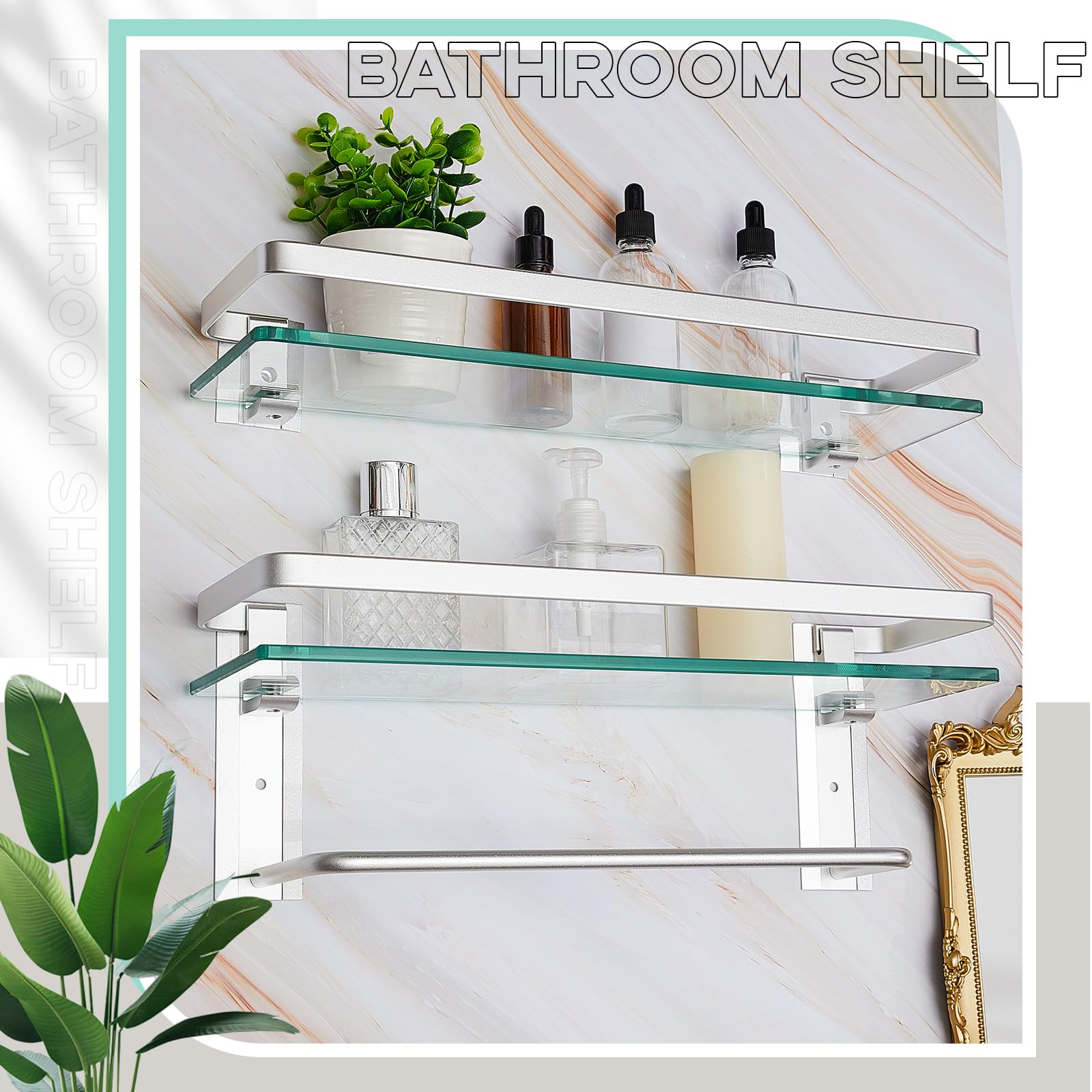 Suzile 2-Pcs Contemporary Bathroom Shelf, 15.7 x 4.72 inches, Floating Shelves with Towel Bar, Tempered Glass, Wall Mount, Set of 2