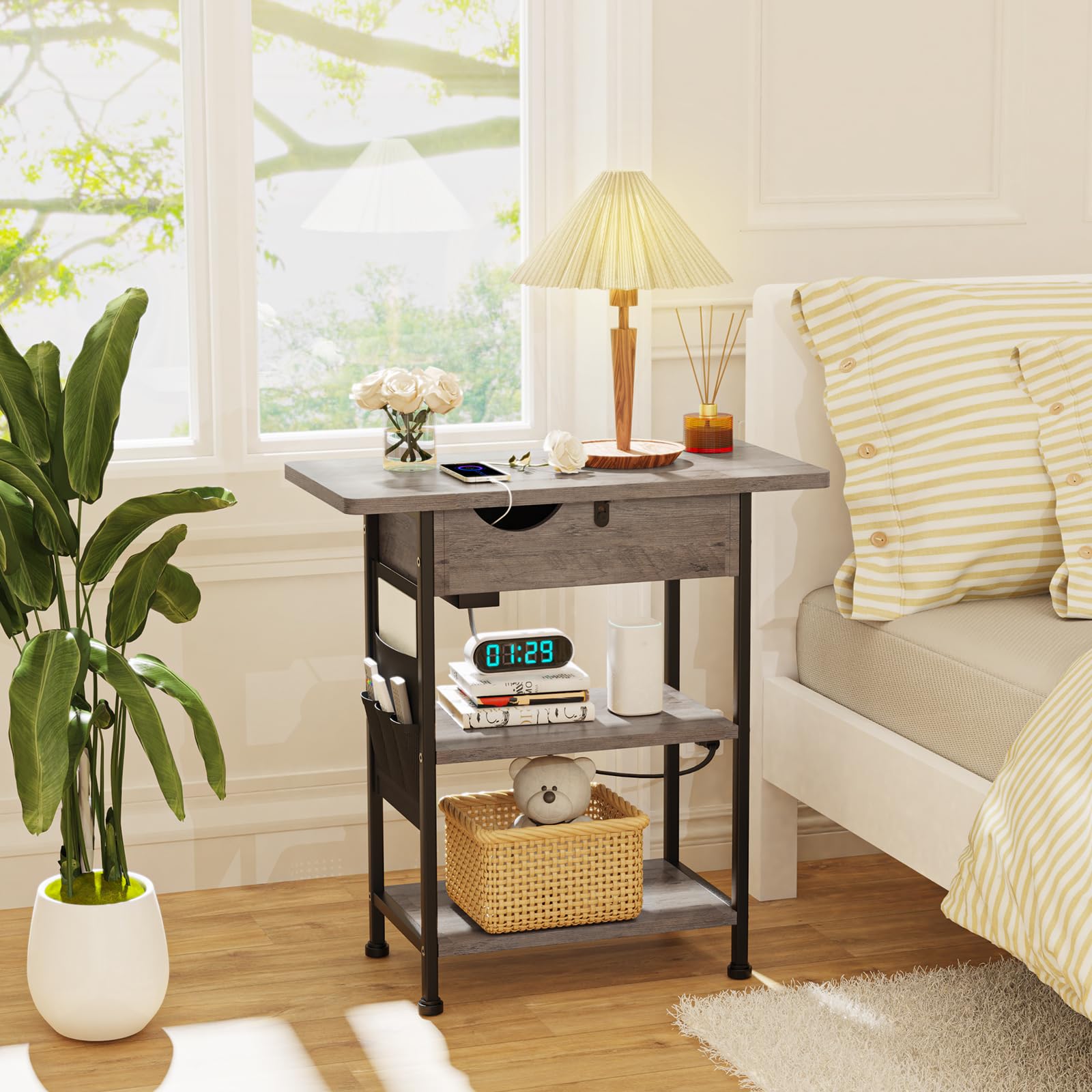 TARKARI End Table with Charging Station Narrow Side Table with Storage nightstand for Small Spaces end Tables Living Room Bedroom with USB Ports and outlets Bedside Tables