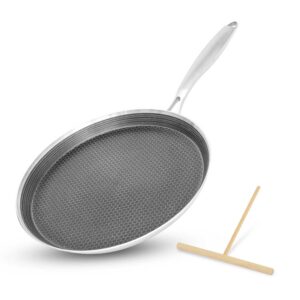 audanne honeycomb crepe pan with spreader, 11 inch stainless steel flat skillet, great for pancakes eggs grill & griddle pan - compatible with all stovetops (gas, electric & induction), pfoa free, 11"