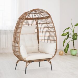 Wicker Patio Egg Chair Outdoor,Outdoor Furniture Chair,Rattan Papasan Chair with Removable Cushion Oversized Outdoor Egg Chair for Bedroom,Backyard,Living Room,Poolside,Patio,Hold up to 350 LBS,White