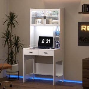 lvsomt home office desk with hutch, modern computer gaming desk with led lights & power outlets, white study table with storage shelves, teen writing desk for bedroom, 31.5'' w