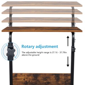 Karl home Mobile Side Table 31.5 Inch Computer Desk with Wheels Height Adjustable Rolling Potable Laptop Cart, C-Shaped Bed Couch End Tables with Edge Stopper for Livingroom Bedroom, Rustic Brown