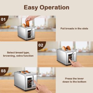 Mecity 2 Slice Toaster Touch Screen 1.5" Wide Slot, Stainless Steel Smart Bread Toaster for Bagel Muffin Waffle Gluten Free Breads, Timer, Defrost, Reheat, 120V 825W