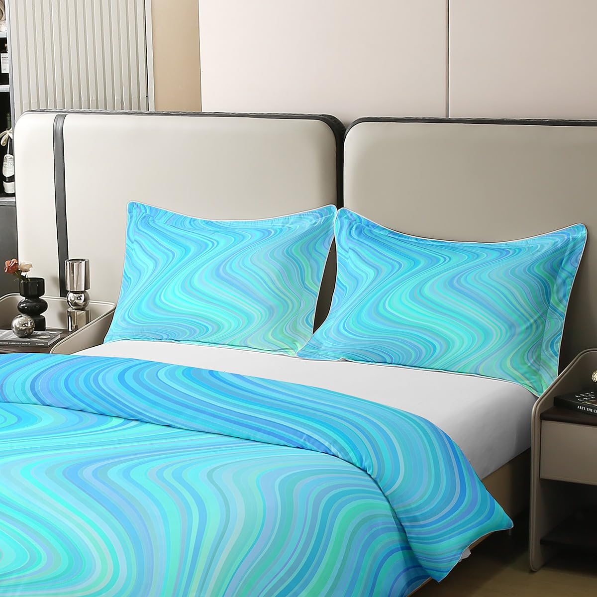 Simple Modern Duvet Cover Set 100% Natural Cotton Twin Size Abstract Ombre Blue Gradient Super Soft Bedding Set 2 PCS Ocean Waves Cotton Comforter Cover for Bedroom Decor