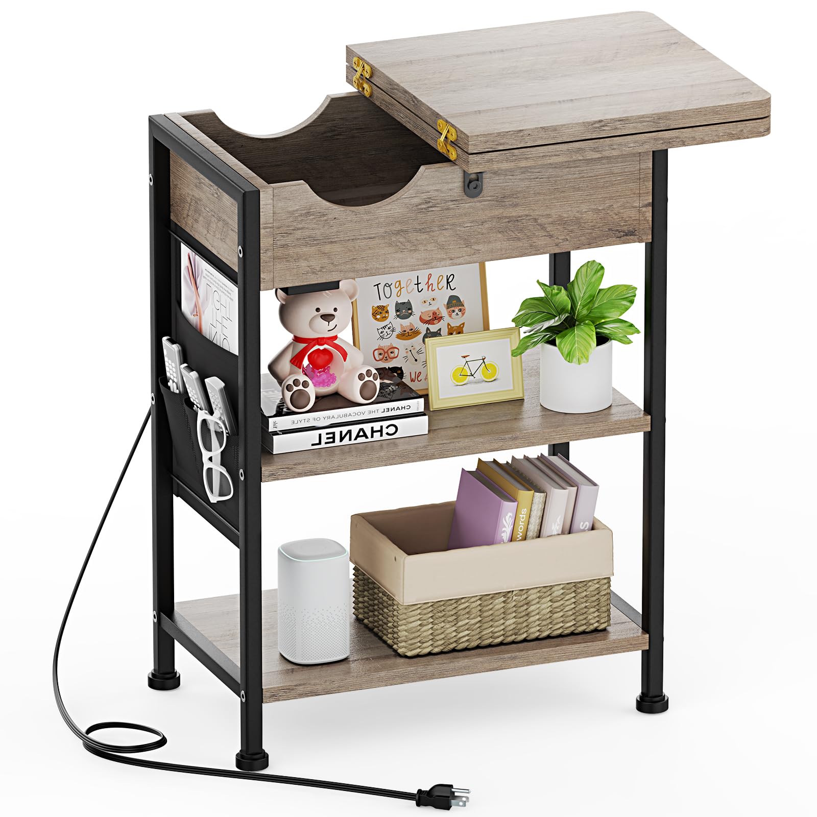 TARKARI End Table with Charging Station Narrow Side Table with Storage nightstand for Small Spaces end Tables Living Room Bedroom with USB Ports and outlets Bedside Tables