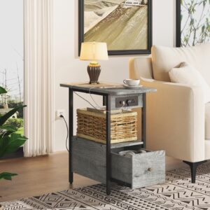 LIDYUK End Table with Charging Station, Narrow Side Table with Drawer and USB Ports & Power Outlets, Nightstand Bedside Tables for Small Spaces, Bedroom, Living Room, Light Grey