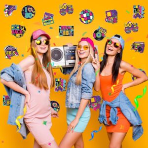 Seajan 60 Pcs Back to The 80s Party Decoration Cutouts Accents Retro 1980s Hip Hop Cutouts Radio Roller Skating Cassette Tape Cutouts Throwback Birthday Party Neon Party Rock Hippie Party Supplies