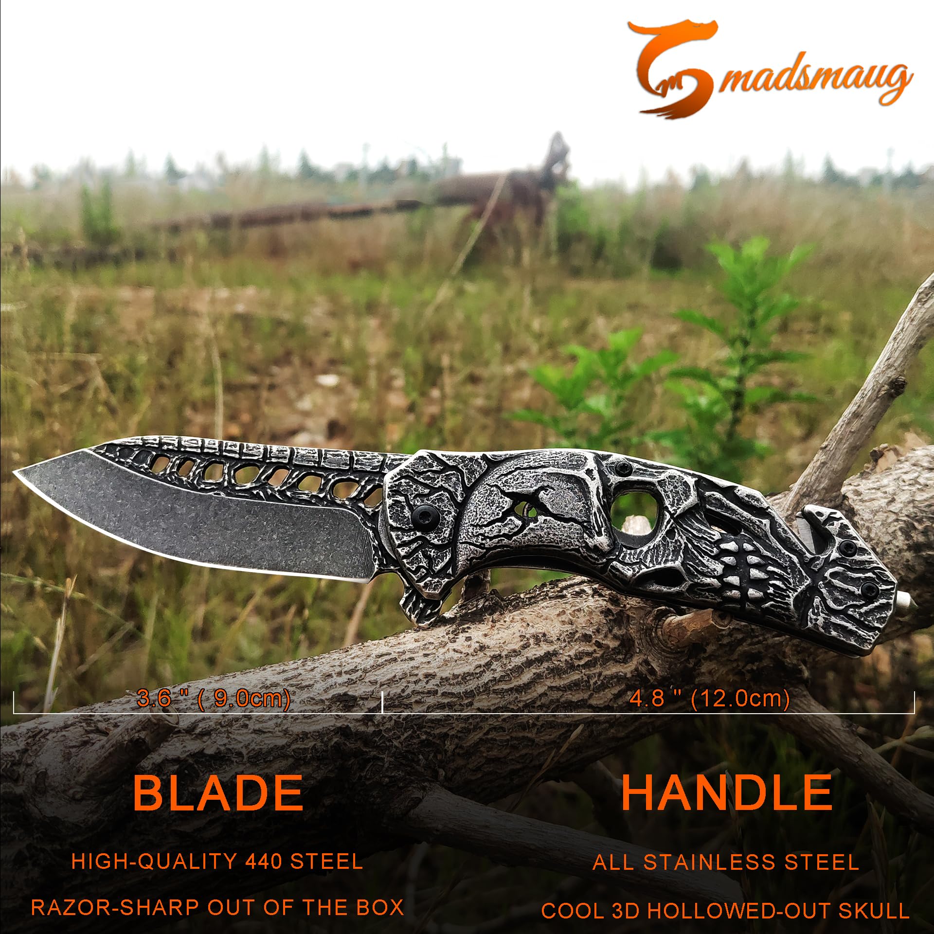 MADSMAUG Pocket Knife, Cool SKULL Pocket Folding Knife with Seatbelt cutter & Window Breaker, Great festival Christmas Gift EDC knife For Men Outdoor Survival Camping (Stone-wash)