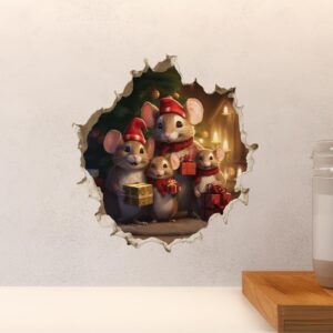 Christmas Family Mouse Hole Decal - Holidy Mice Sticker with 3D Effect