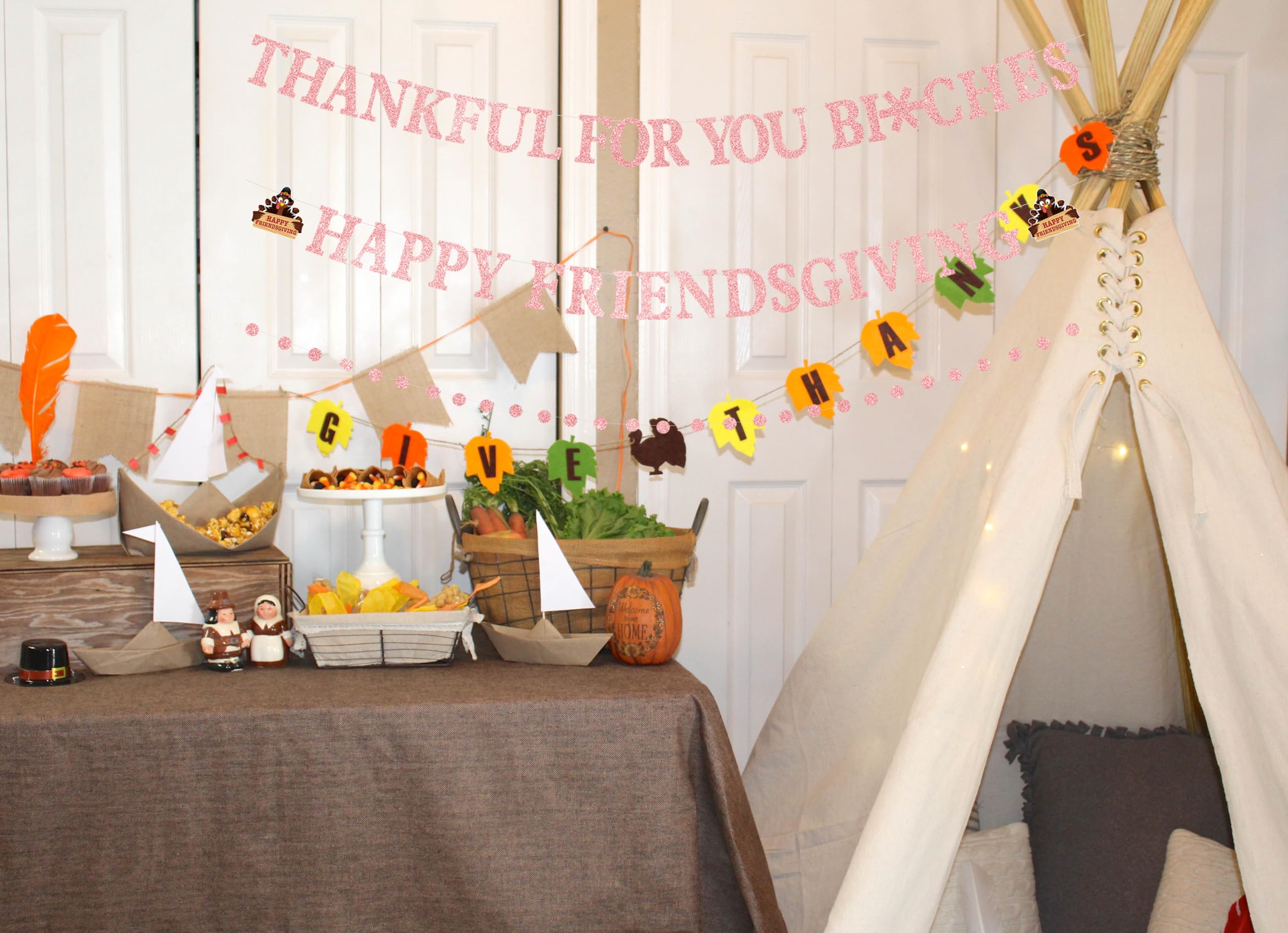 GEJ Happy Friendsgivng Banner,Thankful for You Banner,Girly Friendsgiving Party Decorations, Pink Friendsgiving Decorations,Thanksgiving Decorations Banner for Thanksgiving Friendsgiving Mantel