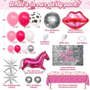 KELENO 110 Disco Cowgirl Party Decorations Birthday Supplies Pink Balloons Garland Arch Kit Horse Disco Ball Kiss Foil Balloons Sequin Backdrop Tablecloth Girl Western Bachelorette Bridal Party Decor