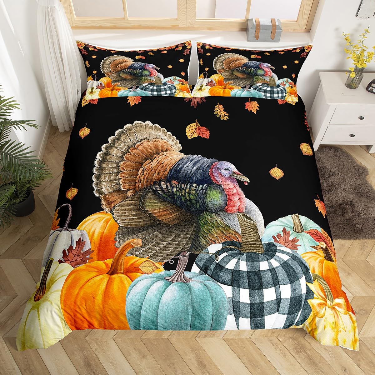 Thanksgiving Day Gifts Duvet Cover for Girls Women Fall Season Bedding Set King Thanksgiving Turkey Comforter Cover Autumn Harvest Bedspread Cover Rustic Farm Maple Leaf Pumpkin Fall Season Bedding