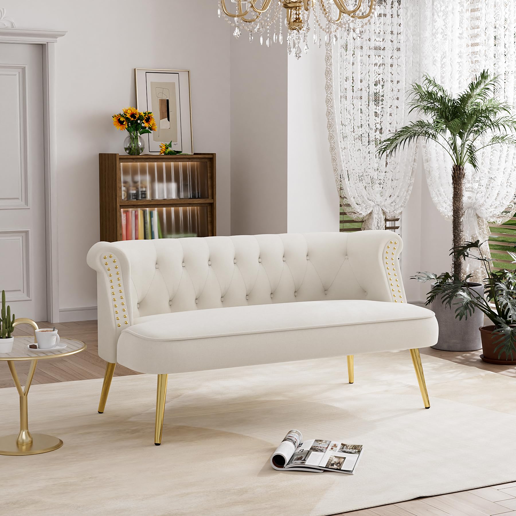 Nolohoo Loveseat Chesterfield Sofa with Gold Legs, Velvet Tufted Vintage Victorian Sofa 2 Seater Curved Mini Couch Rolled Arms, Comfy Love seat for Living Room, Bedroom, Cream White