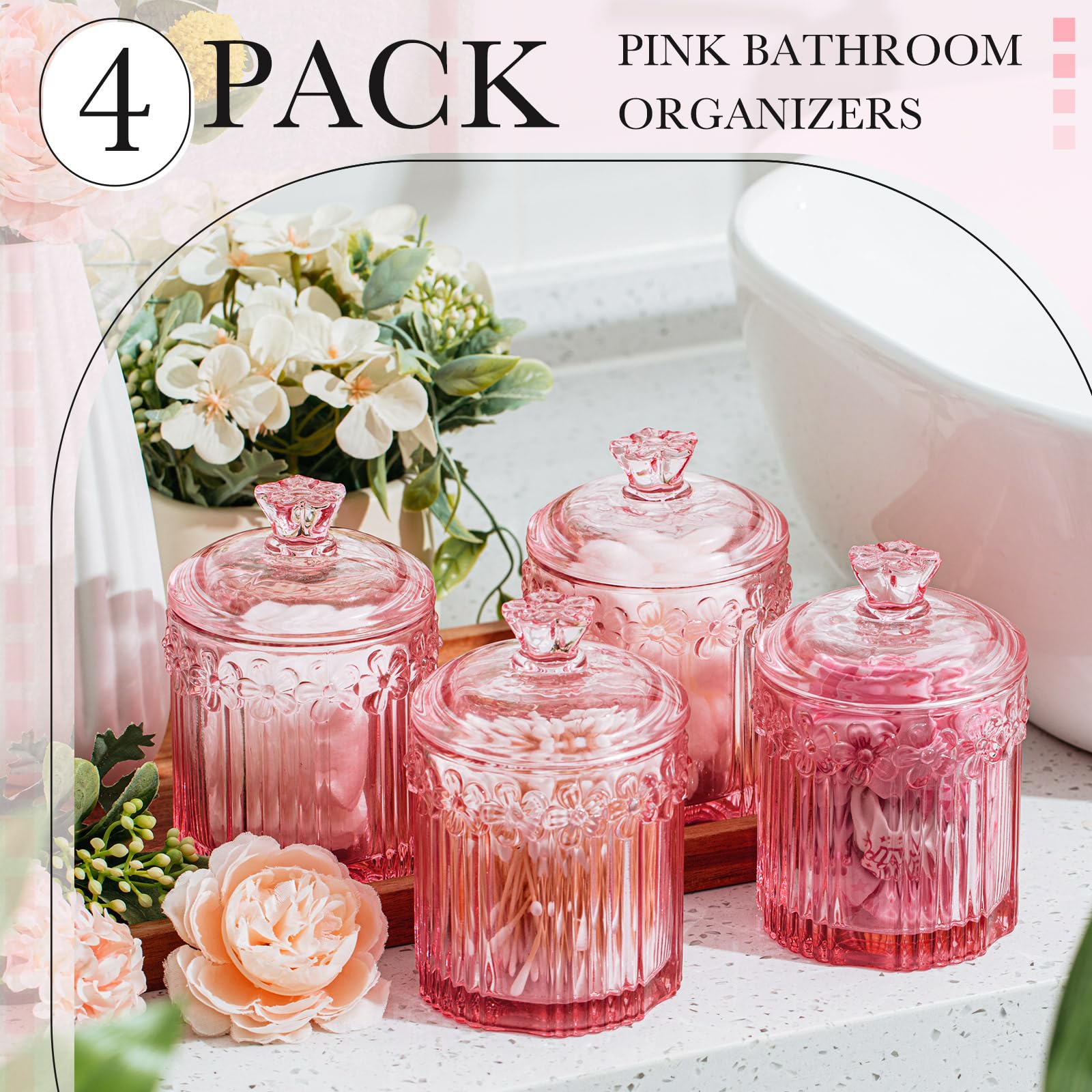 Hushee 4 Pcs Glass Apothecary Jars with Lids, Bathroom Canisters Storage Container Jars Small Glass Jars for Kitchen Bathroom Storage, Cotton Swabs, Cotton Ball, Makeup Sponges