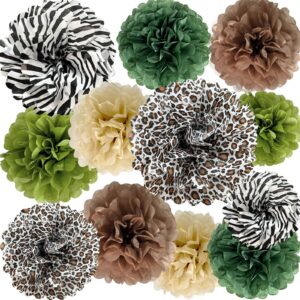 ansomo jungle safari tissue paper pom poms wild animal leopard zebra print cheetah party decorations sage green brown flowers wall hanging décor table centerpieces supplies birthday bridal baby shower